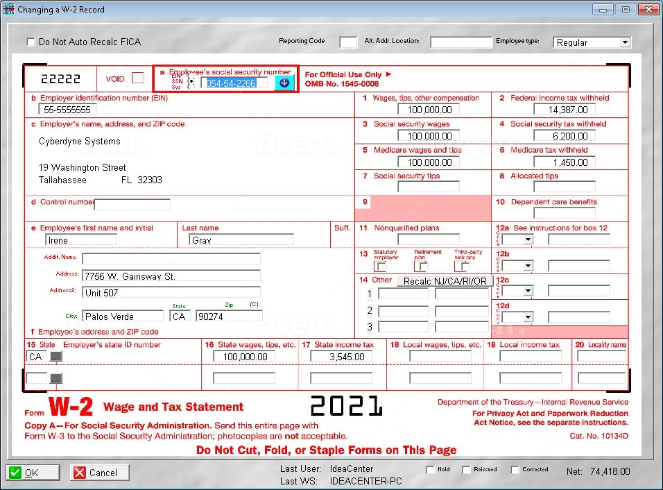 1099 & W2 Printing and Electronic Filing Sample Screens - EG Systems